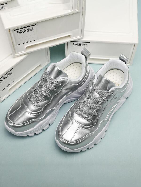 Women Metallic Lace Up Sports Shoes, Glamorous Silver Chunky Shoes For ...