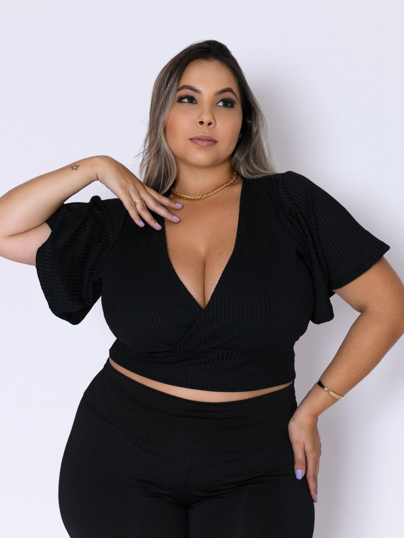 Rosa Soul Cropped Manga Flare Canelado Moda Plus Size Shein Brasil
