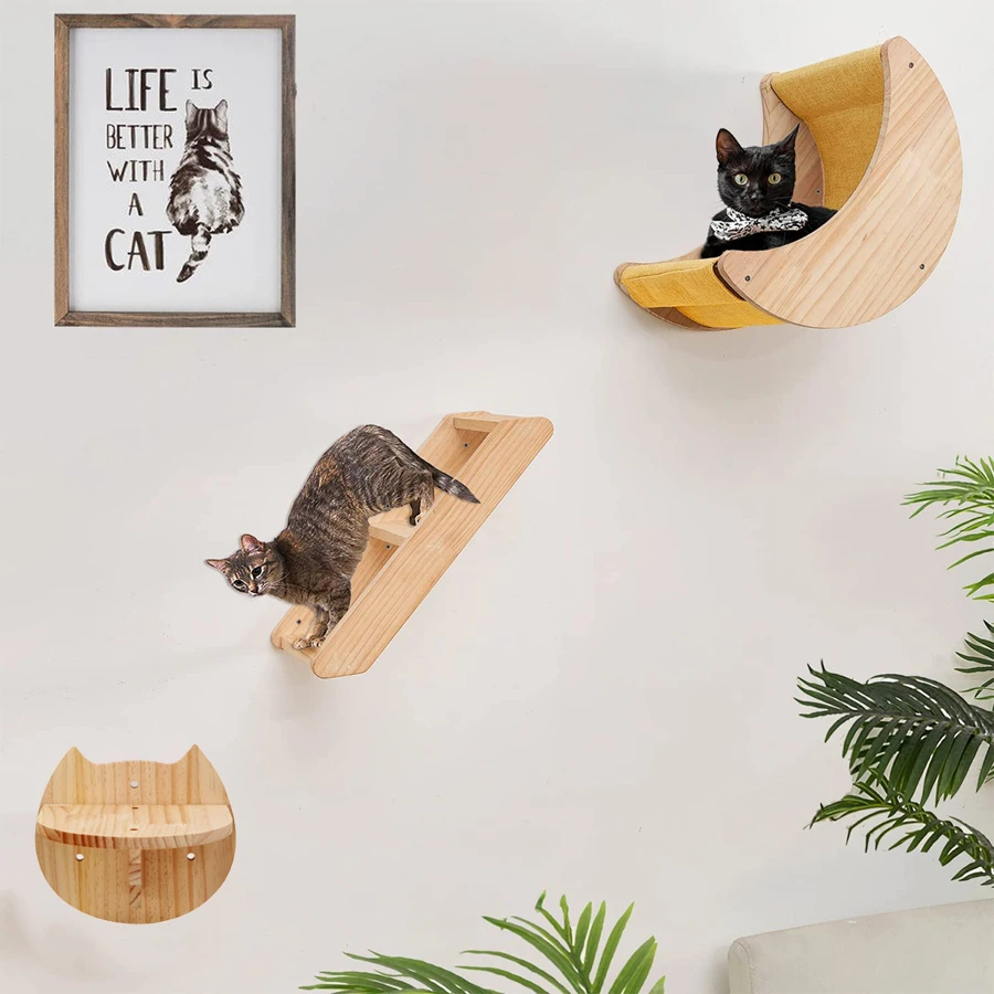 3pcs Wall-Mounted Cat Furniture Set (Moon-Shaped Cat Hammock + Wooden ...