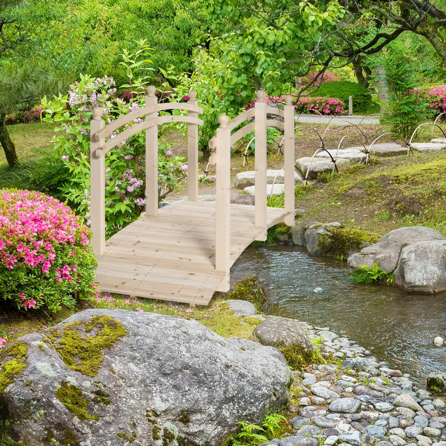 Outsunny 7.5' Wooden Arch Garden Bridge, Safety Rails for Backyard ...