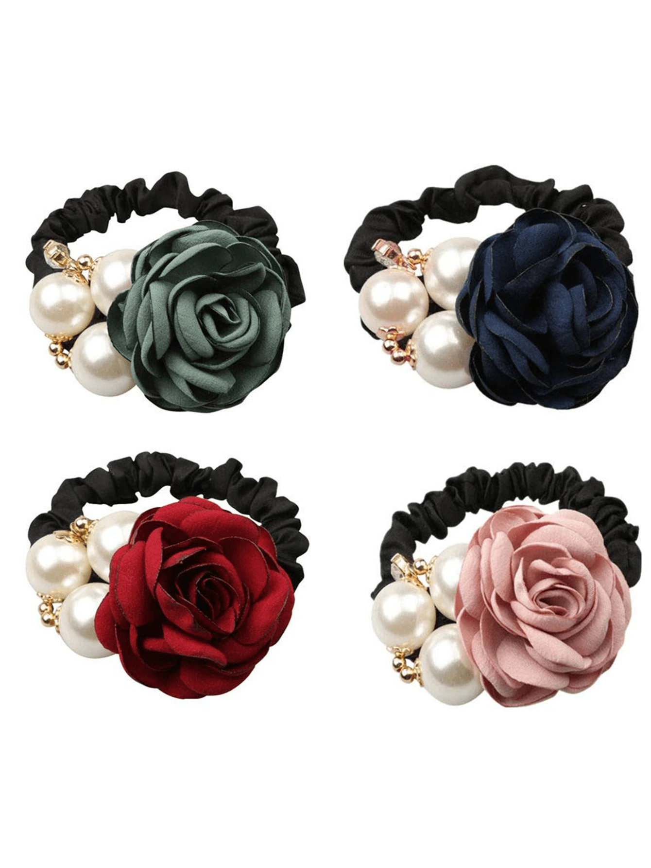 4 Pcs Korean Fashion Pearl Hair Rope Rose Flower Hair Band Rhinestone ...