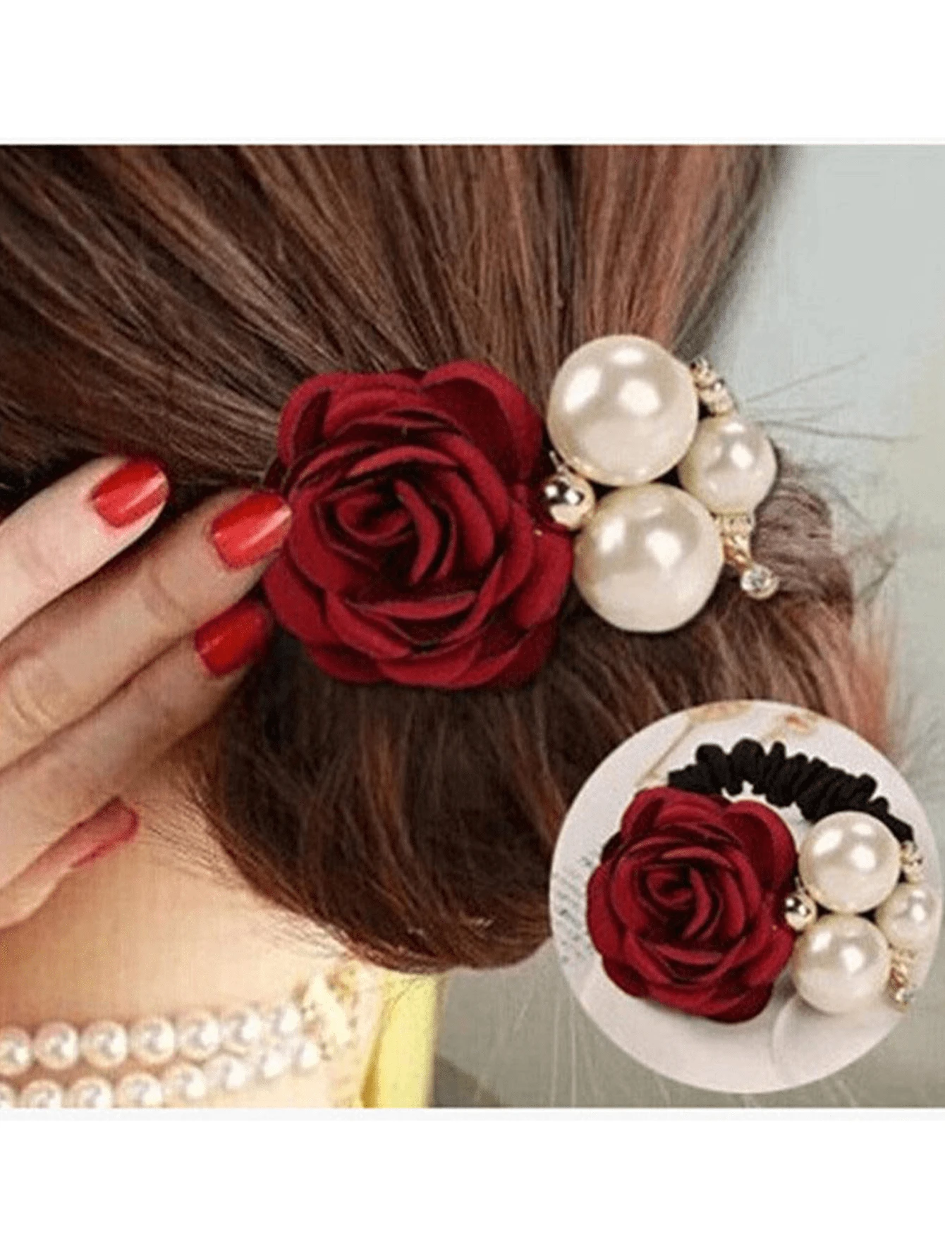 4 Pcs Korean Fashion Pearl Hair Rope Rose Flower Hair Band Rhinestone ...