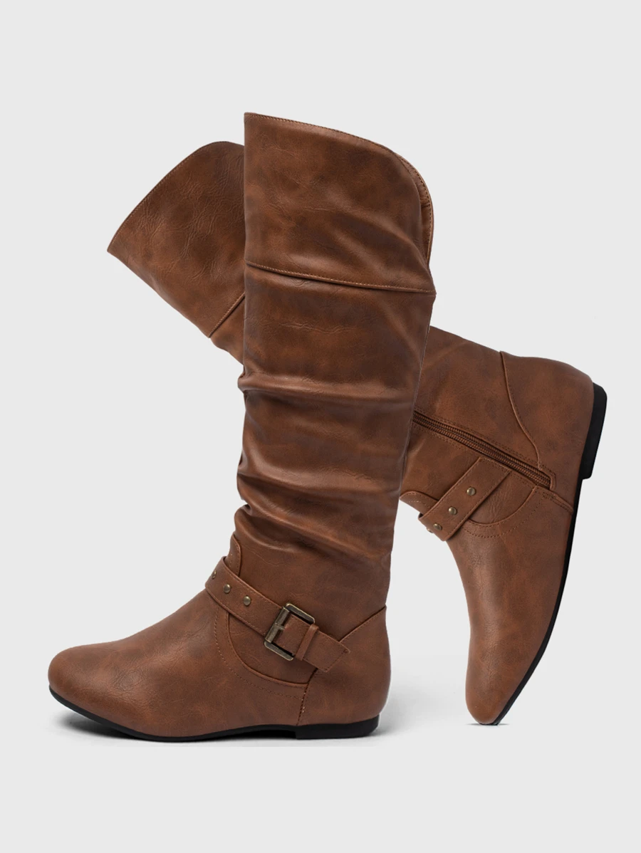 Women's Slouchy Mid Calf Boots Zip Up Flat Boots With Buckle | SHEIN USA