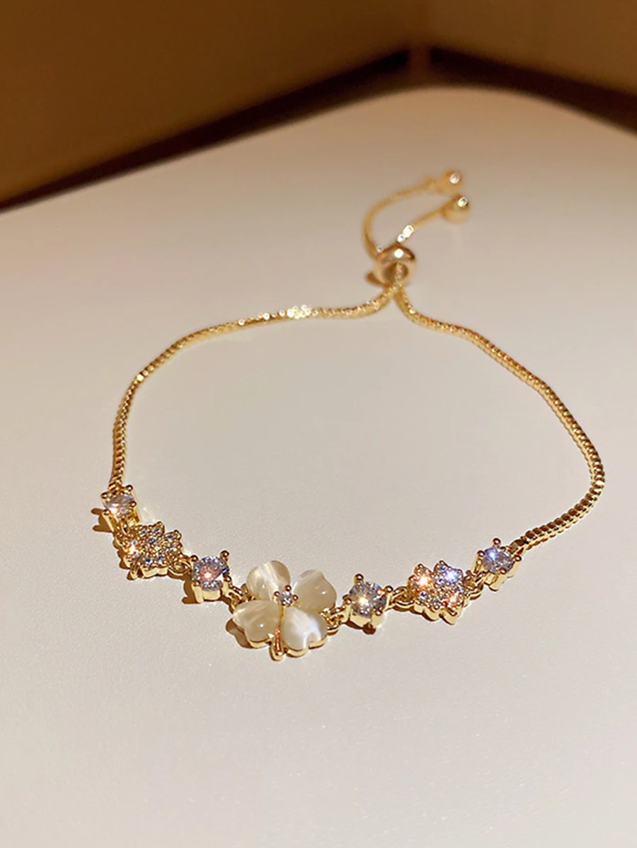 1pc Rhinestone & Cat's Eye & Flower Petal Design Delicate Pull Chain ...