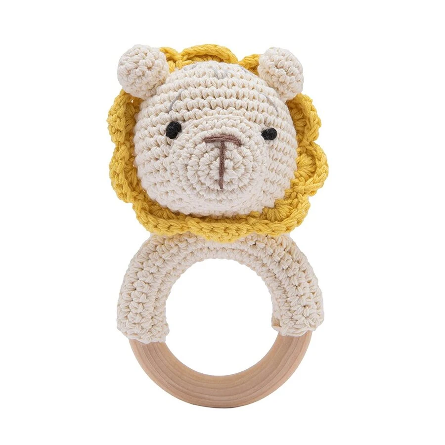 Youuys Wooden Rattle for Baby Brain Development, Crochet Lion Wood Baby ...