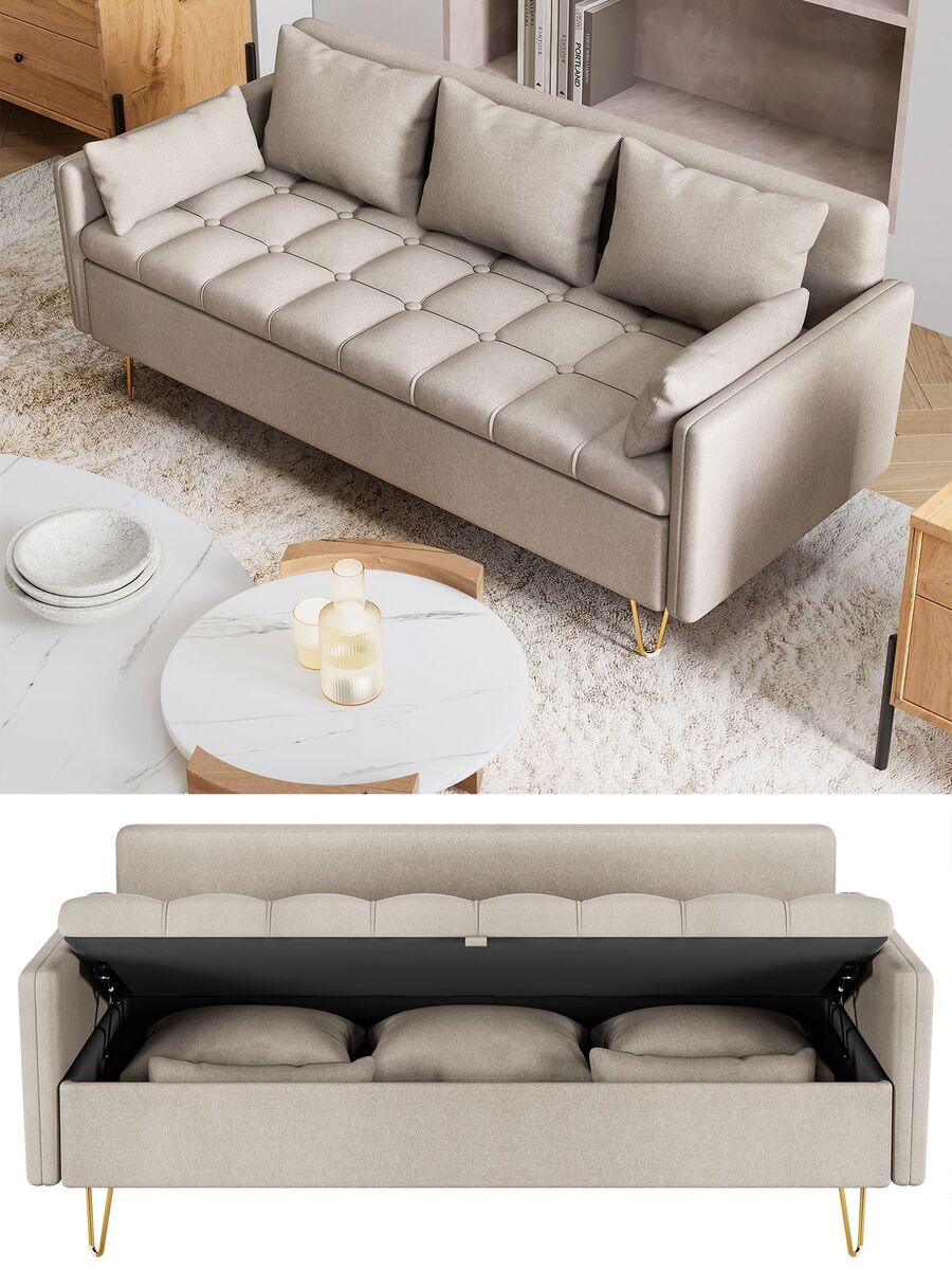 60" W Faux Leather Sofa Couch With Button Tufted Design And Hand ...