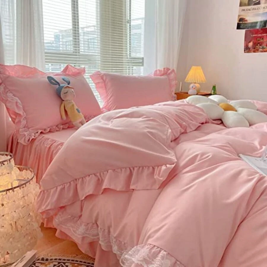 MOOWOO Chic Ruffle Lace Polyester Duvet Cover Set -Girl Pink Bedding-2 ...