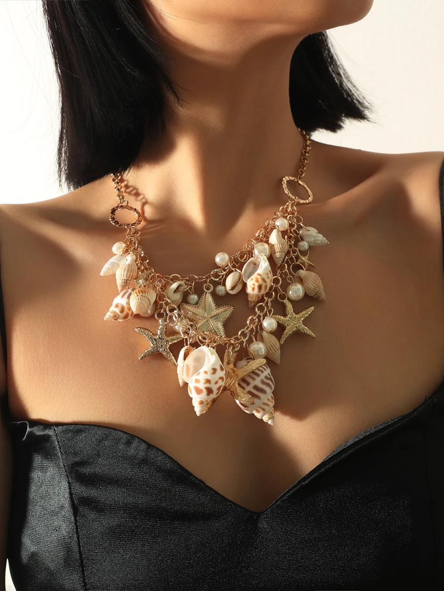 1pc Boho Shell Cultured Faux Pearl Star Bib Necklace Beach Pendant ...