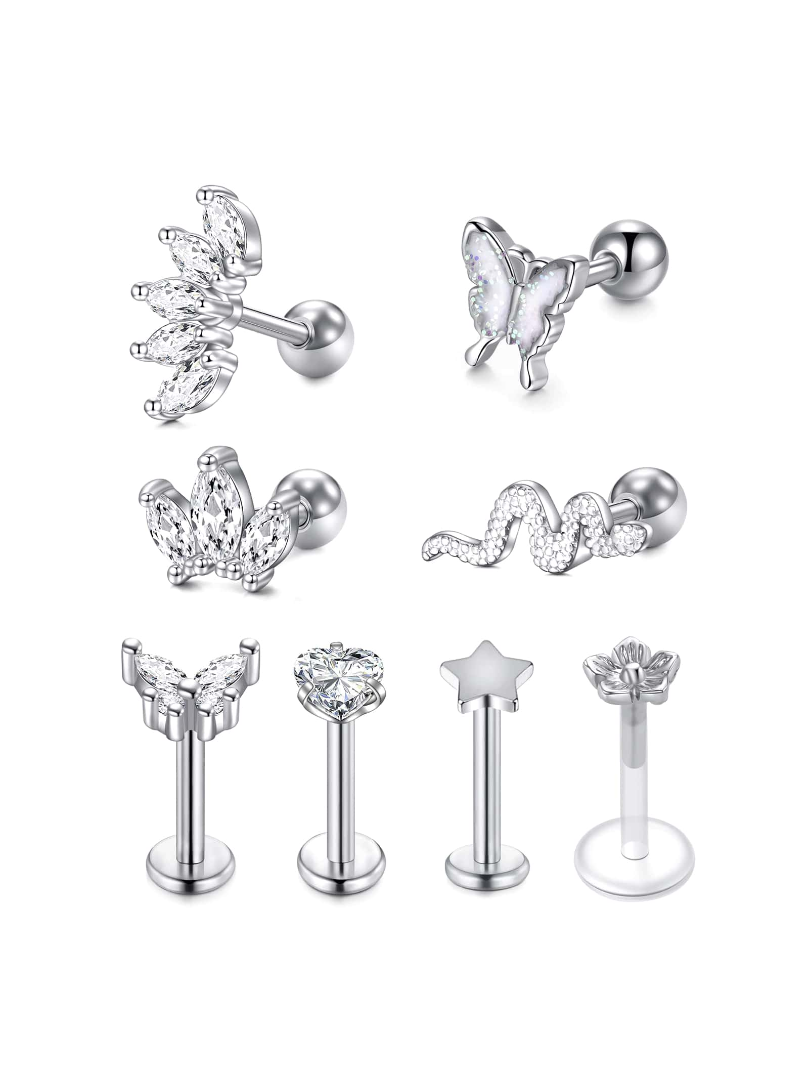 1 Set Of 8pcs Women's Cartilage Stud Earrings, Hoop Earrings, Ear Cuff ...