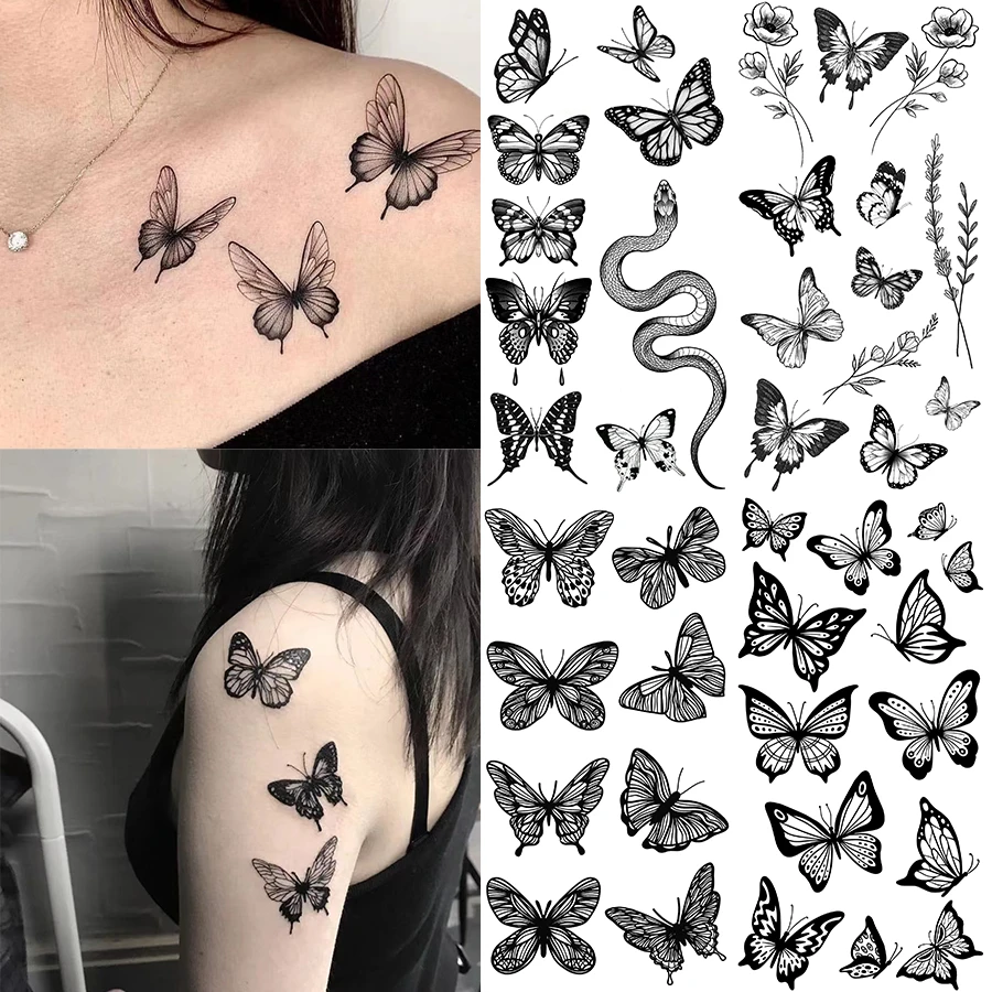 4pcs Realistic Black Flower & Butterfly Temporary Tattoos For Women ...