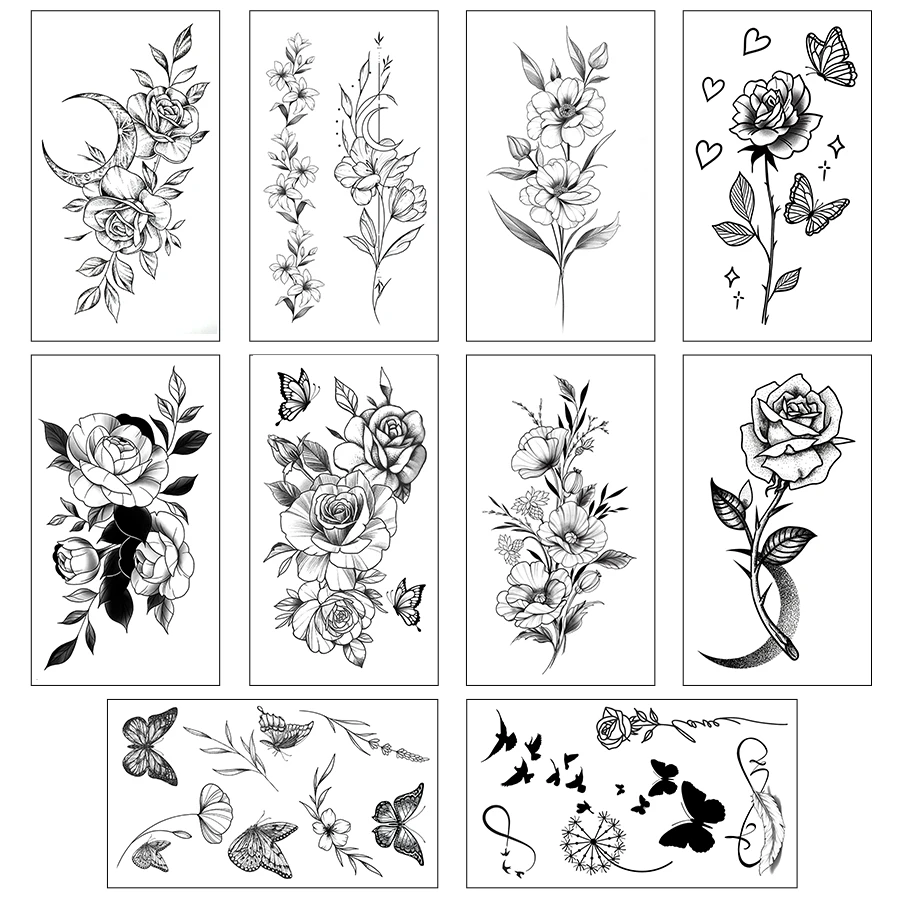 10pcs Temporary Flower Tattoo Stickers For Women And Girls, Sketchy ...