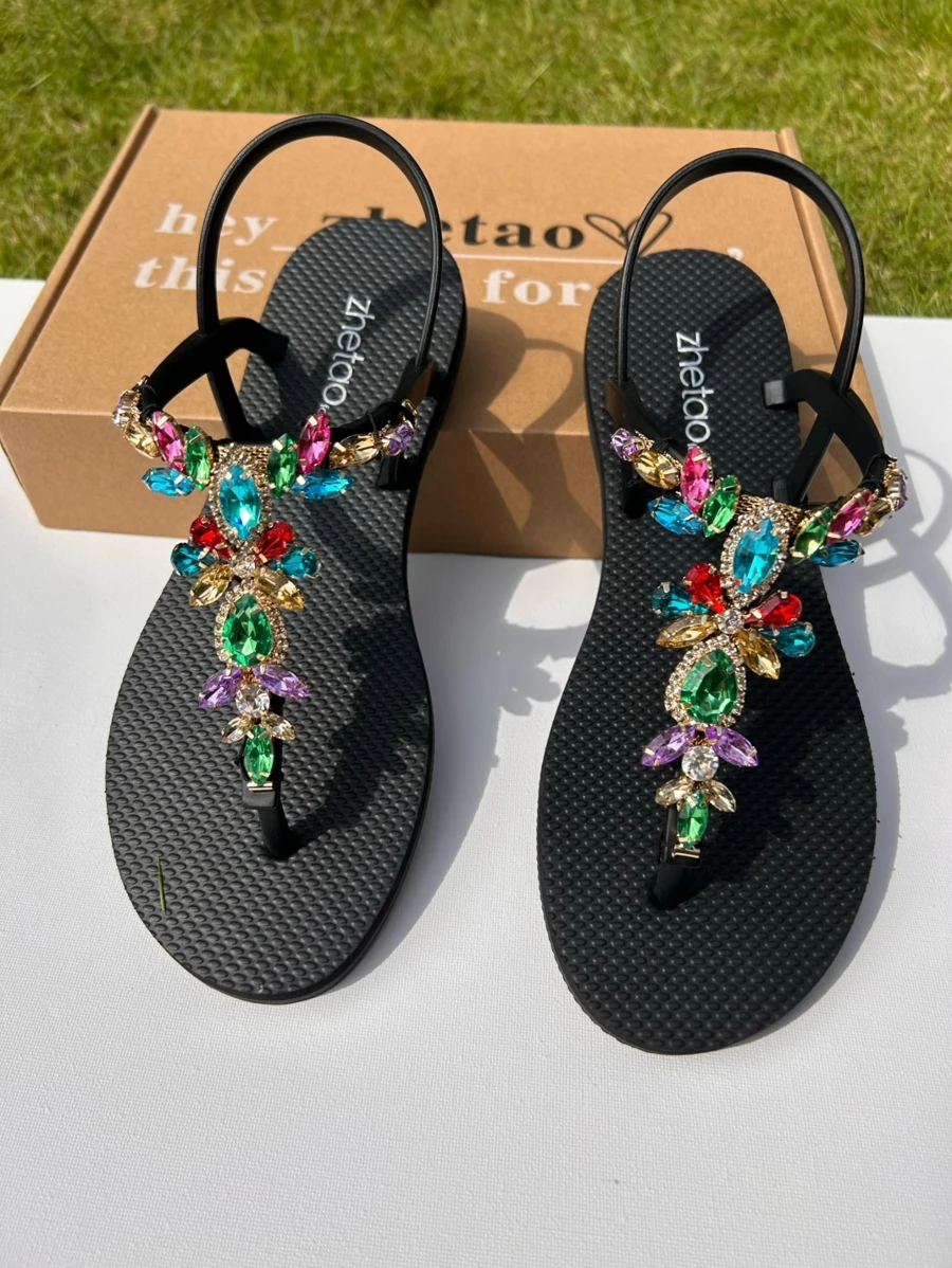 Women Rhinestone Decor Toe Post Design Flat Sandals, Glamorous Outdoor ...
