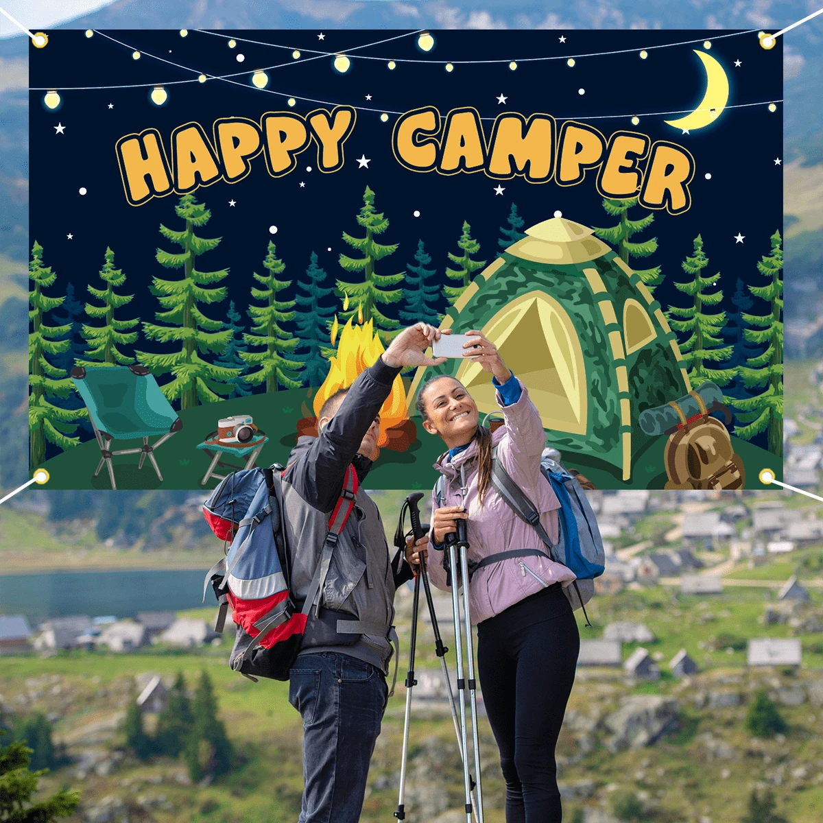 6x4ft Camping Themed Party Decorations Happy Camper Banner Backdrop ...