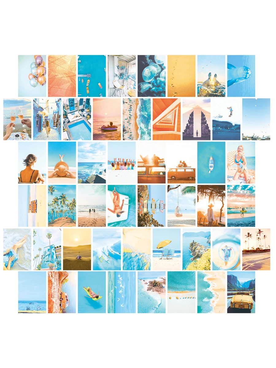 50 stuks blauwe muur collage kit esthetische foto's, zomer strand ...
