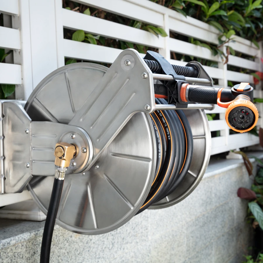 Stainless Steel Garden Hose Reel with 5/8" x 100 ft Heavy Duty Hose ...
