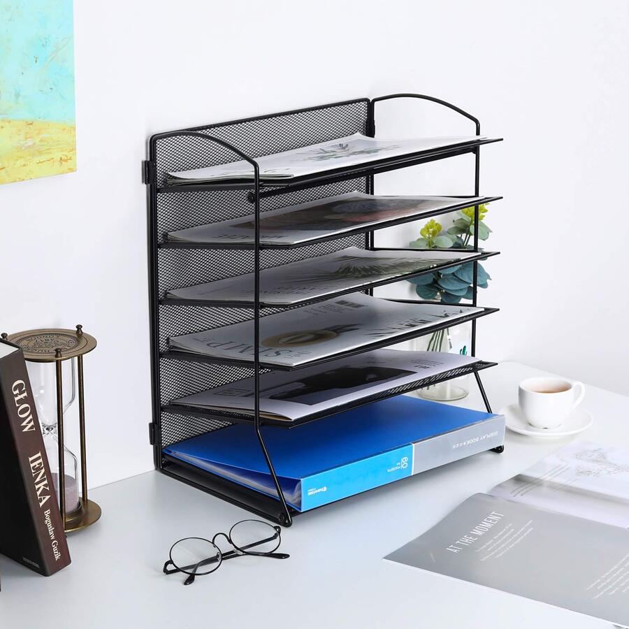 6-Tier Desktop File Organizer Document Folder Rack Metal Mesh Letter ...