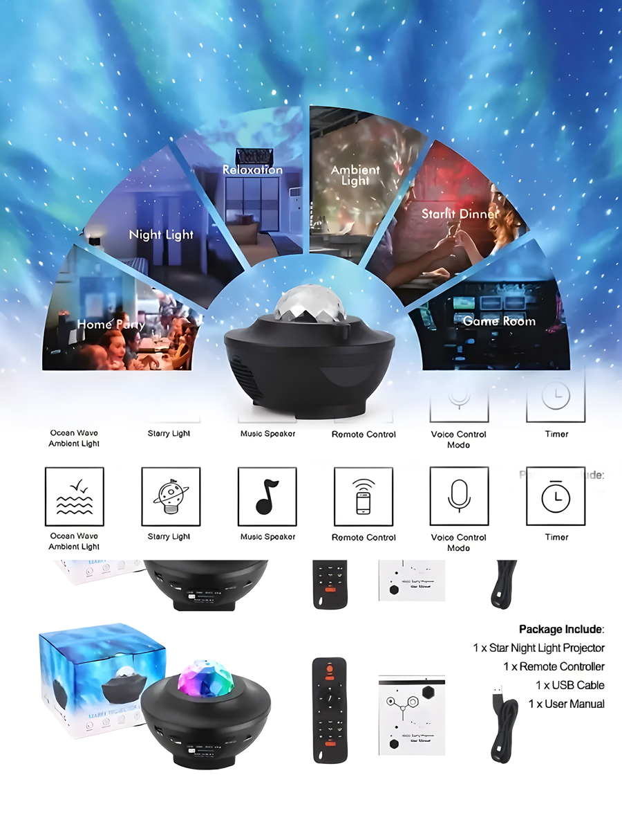 1pc Star Projector Galaxy Projector With Nebula Cloud Moving Ocean Wave ...