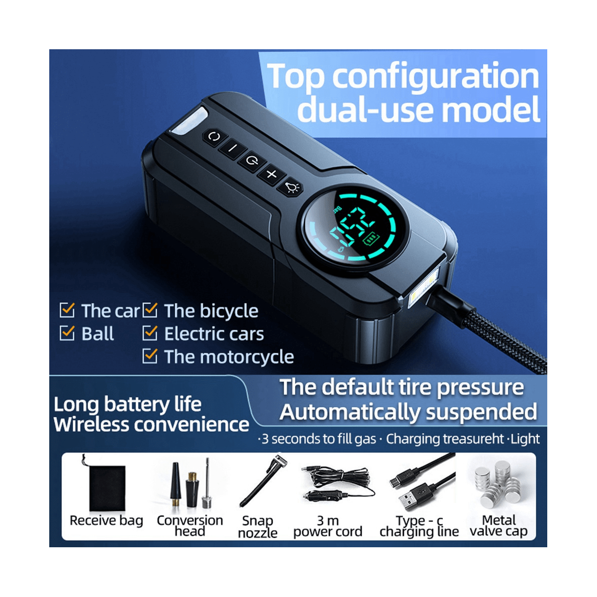 Mini 12V Multifunctional Tire Inflator Car Compressor Wireless Portable ...