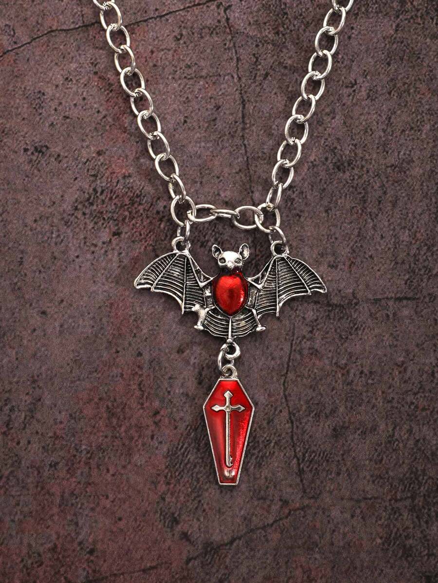 Gothic Vintage Exaggerated Black Bat & Red Siamese Ruby Cross Pendant ...