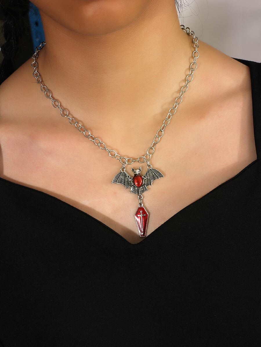 Gothic Vintage Exaggerated Black Bat & Red Siamese Ruby Cross Pendant ...