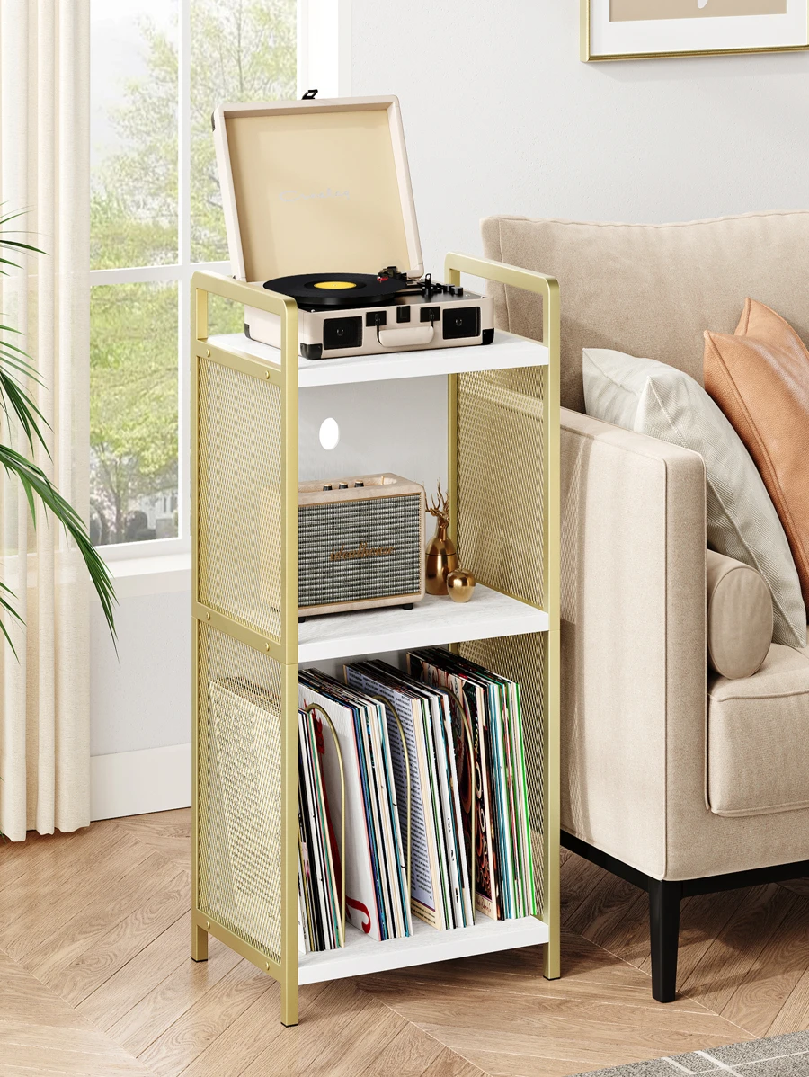 Record Player Stand with Storage, Gold Wooden Turntable Stand with Mesh ...