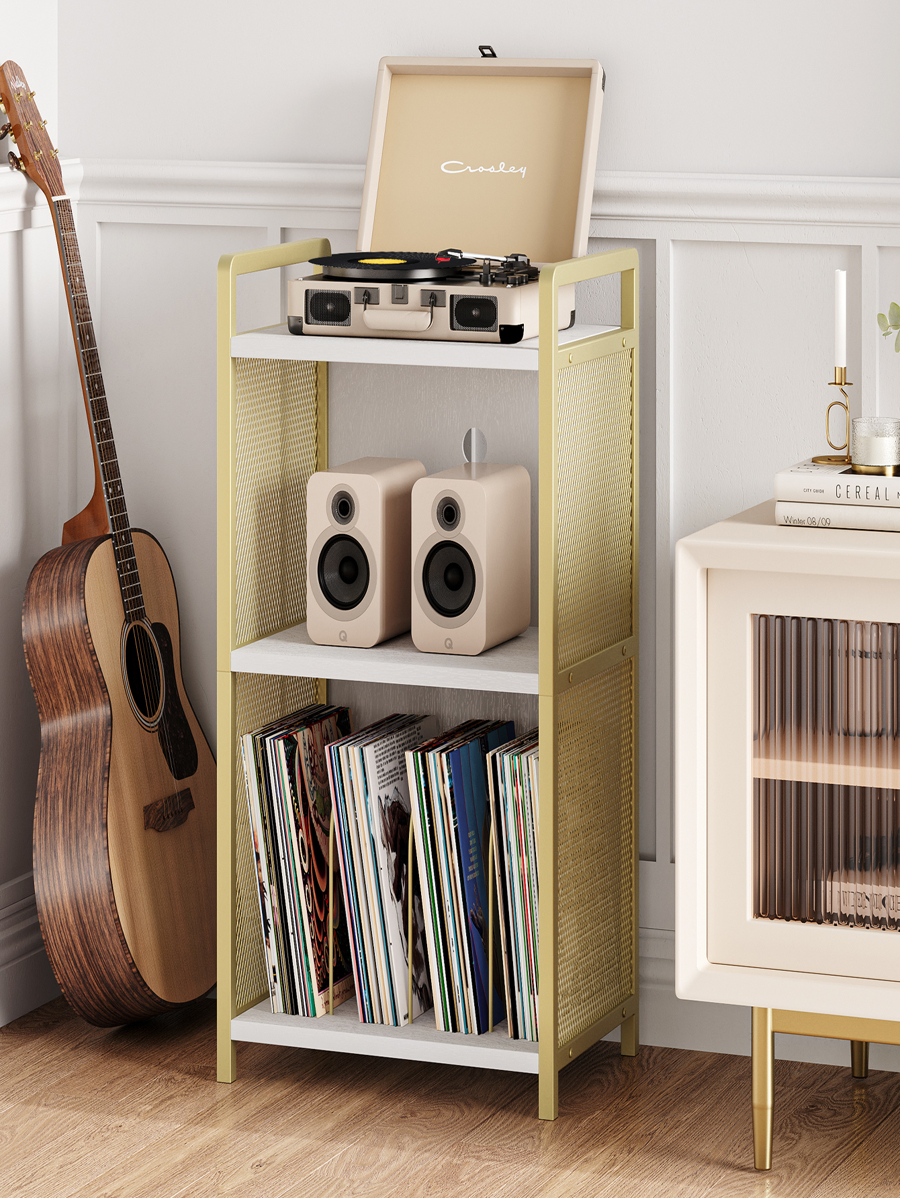 Record Player Stand with Storage, Gold Wooden Turntable Stand with Mesh ...