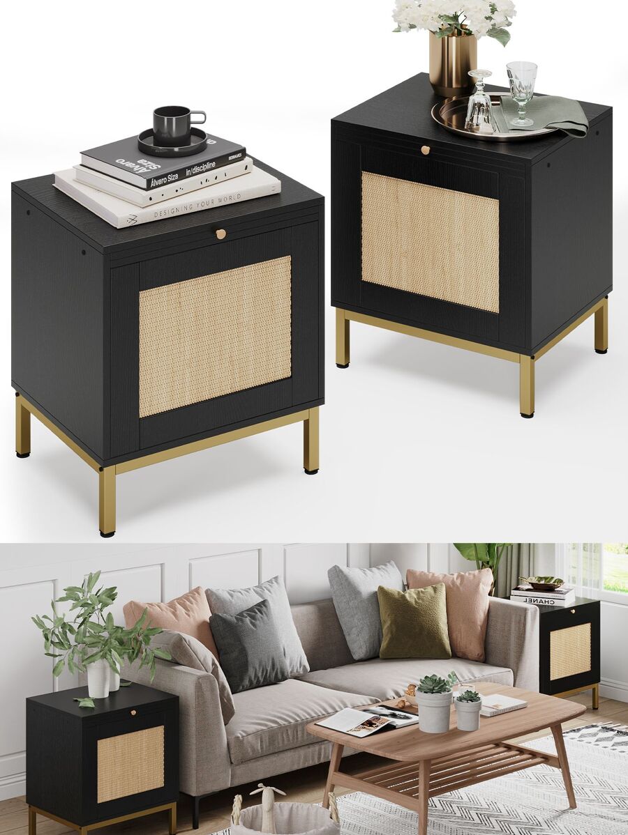 Rattan Nightstand Set of 2, End Table Rattan Bedside Table Side Table ...