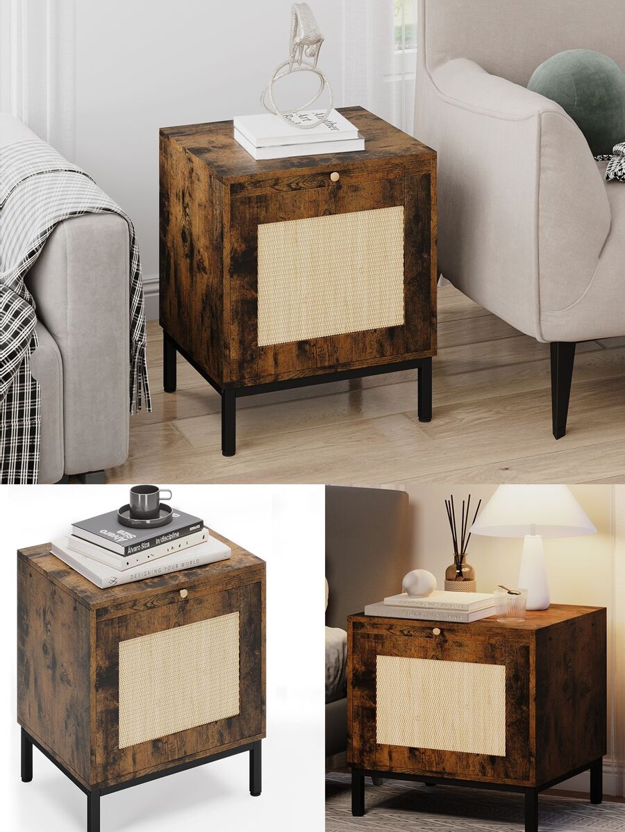 Rattan Nightstand, End Table Rattan Bedside Table Side Table with Tray ...