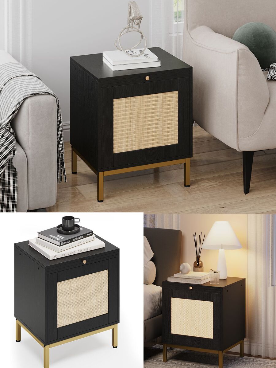 Rattan Nightstand, End Table Rattan Bedside Table Side Table with Tray ...