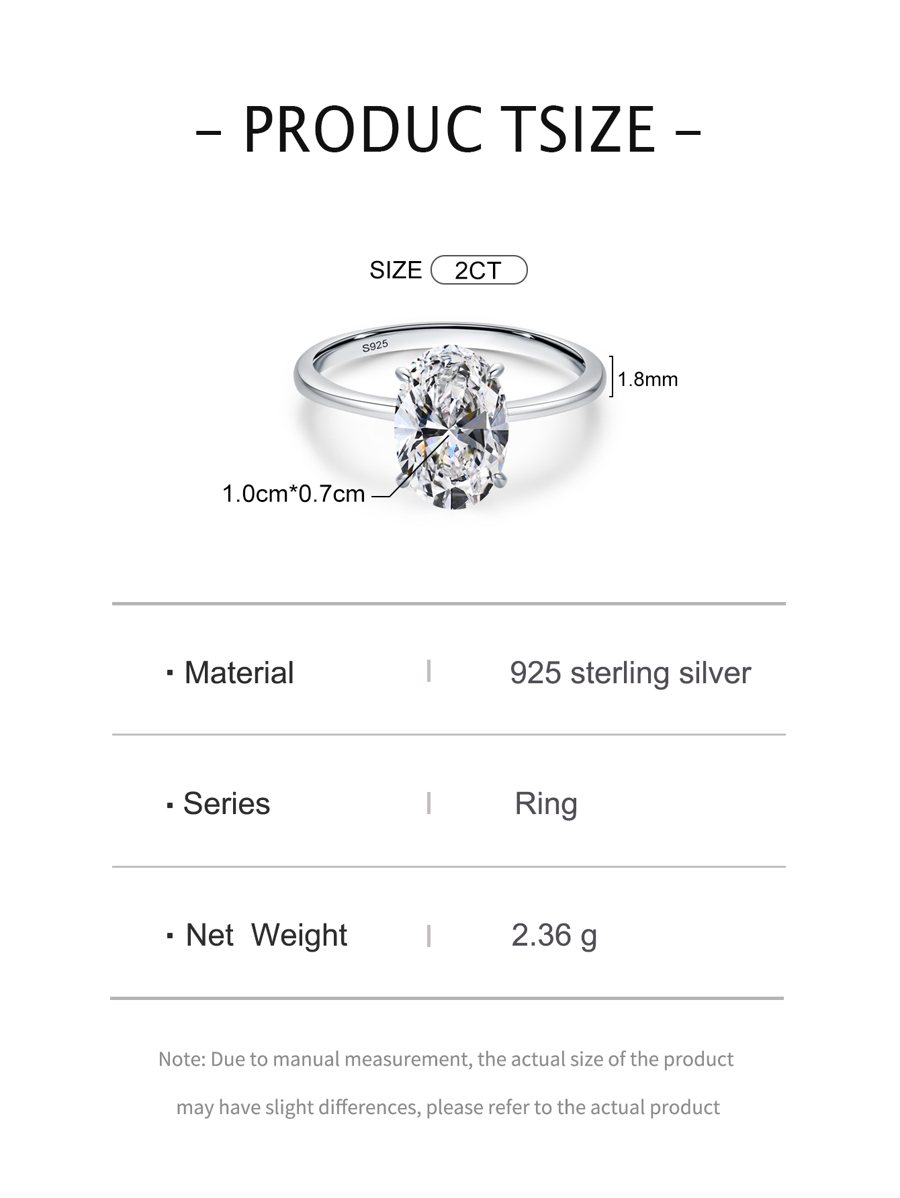 1枚2ct經典簡約s925純銀橢圓戒指,為女性提供精美的訂婚婚禮新娘珠寶 | SHEIN台灣