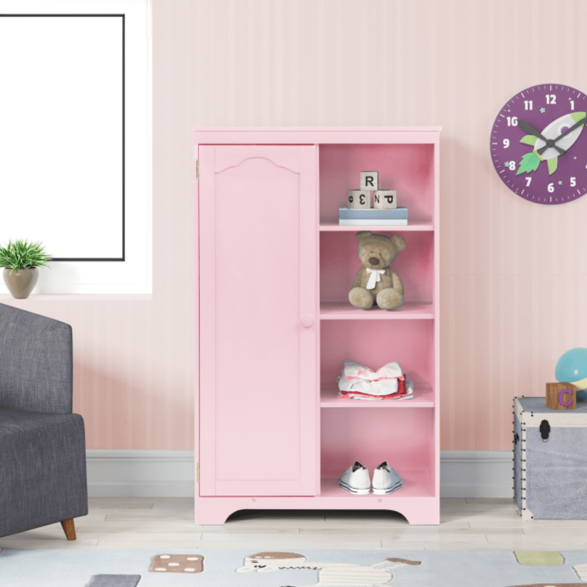 Wood 1 Doors Wardrobe Closet Bedroom Armoires with 4 Shelves, Wood ...