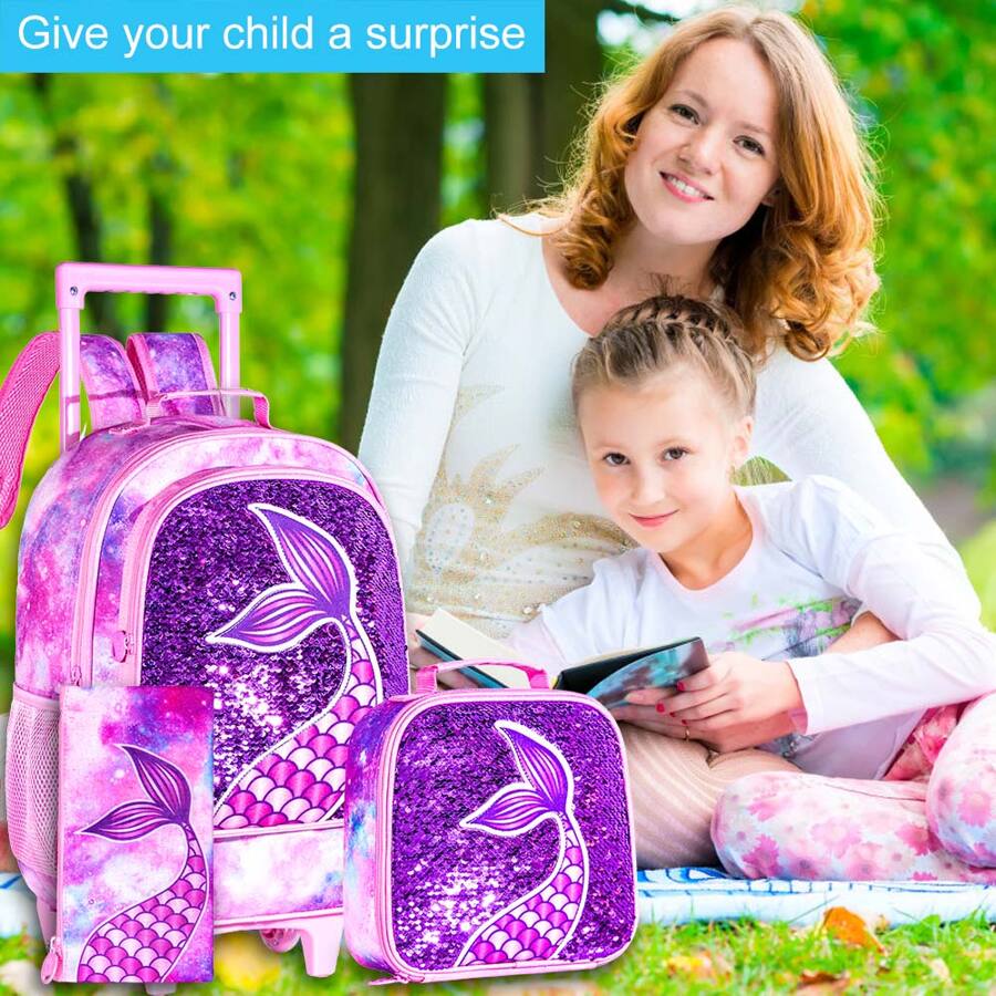 Rolling Backpack for Girls, Roller Wheels Kids Bookbag - Wheeled ...
