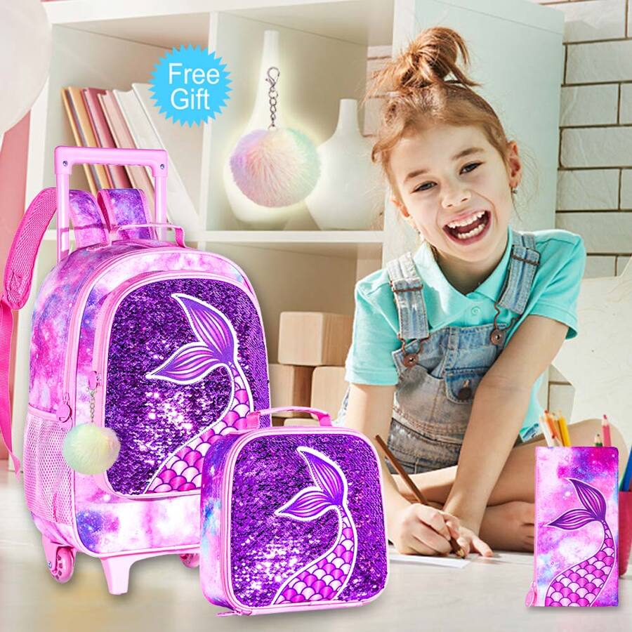Rolling Backpack for Girls, Roller Wheels Kids Bookbag - Wheeled ...