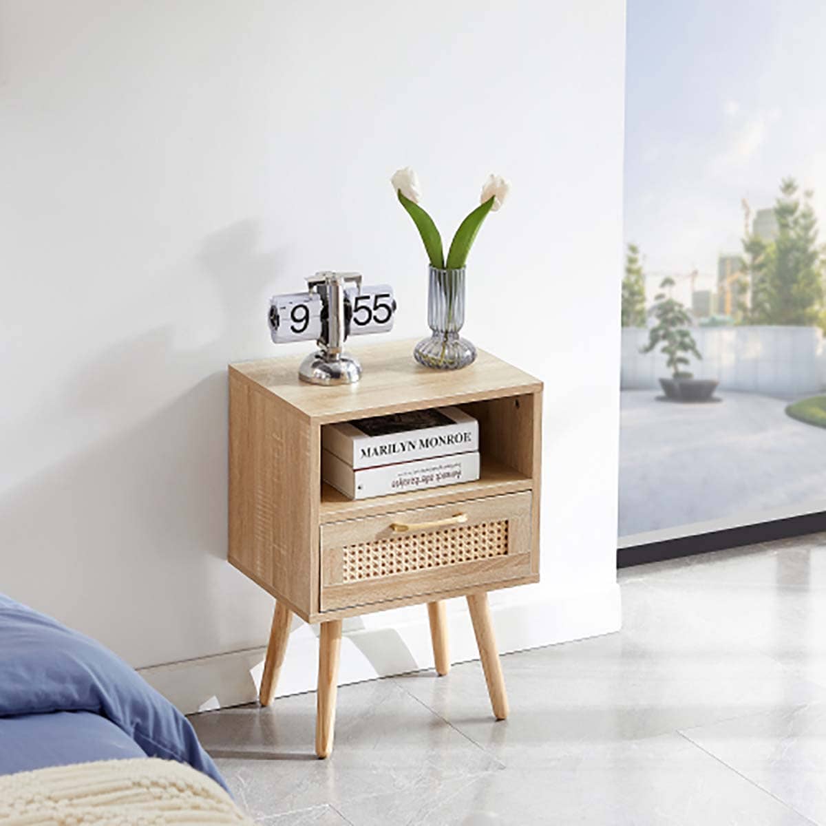 Rattan Nightstand With Drawer, Boho Large Bedside Table With Open Shelf ...