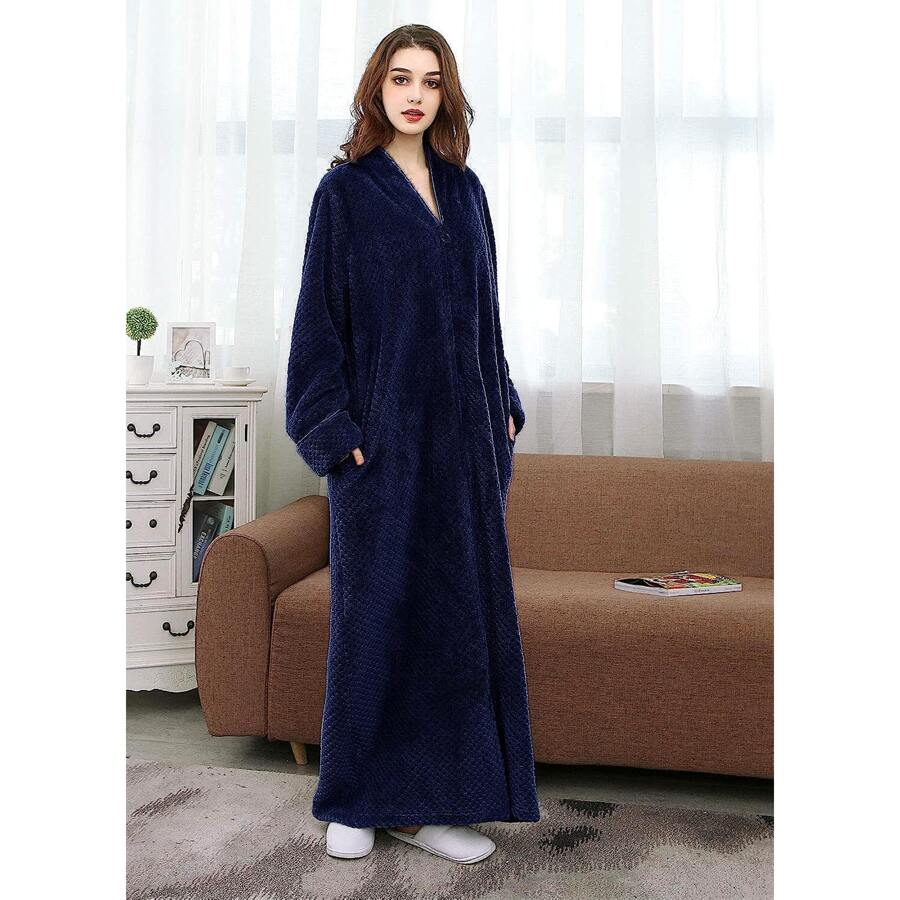 Artfasion Womens Fleece Robe Plush Long Zip Front Bathrobe With Pockets Warm Soft Zippered ...