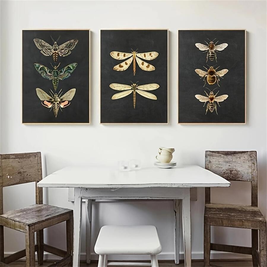 3pcs Frameless Abstract Moth Nature Insect Canvas Painting Vintage ...