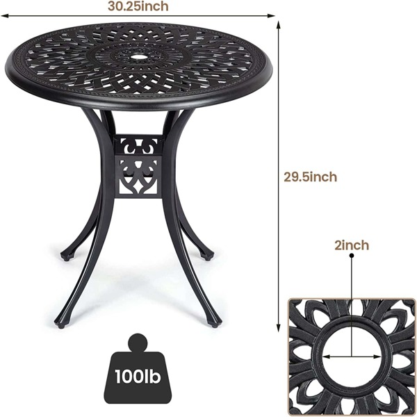 30 Inch Round Patio Dining Table with Umbrella Hole, Antique Cast ...