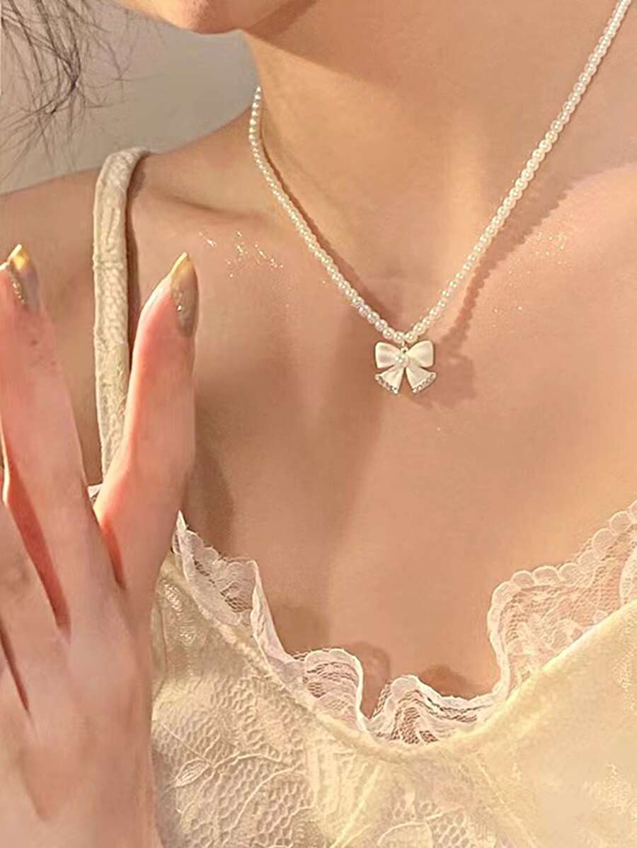 1pc New Faux Pearl Bowknot Pendant Necklace For Women | SHEIN USA