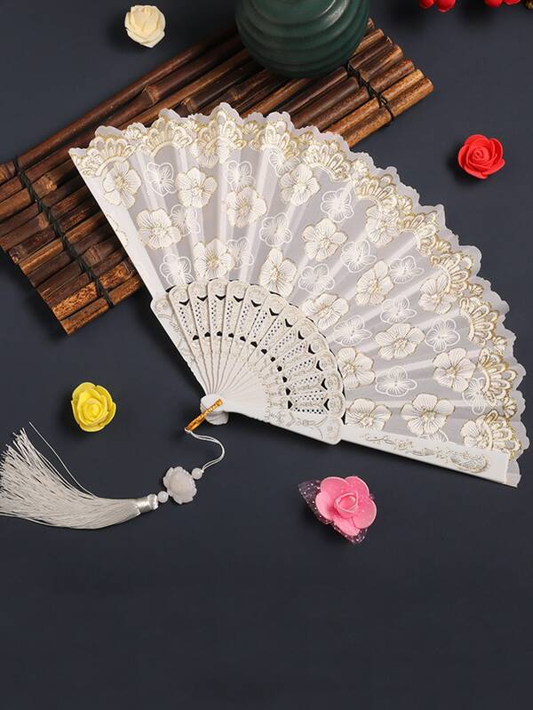 1pc Flower Pattern Tassel Decor Manual Fan | SHEIN USA