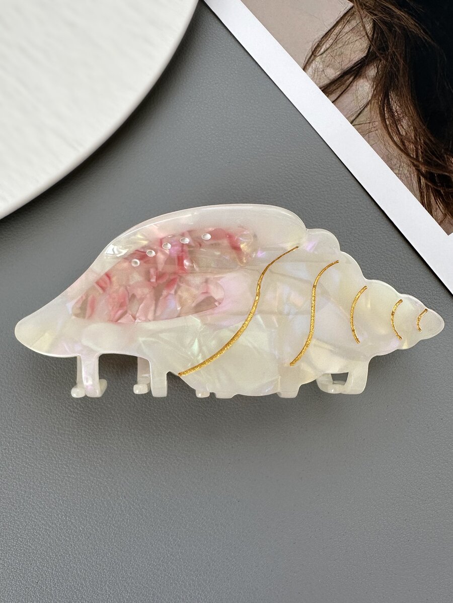 1pc Women's Acetate White Seashell Shaped Hair Clip With Gold Trim ...