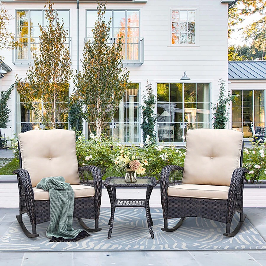 3 Piece Wicker Patio Rocker Sets, Rattan Rocking Furniture Set with ...