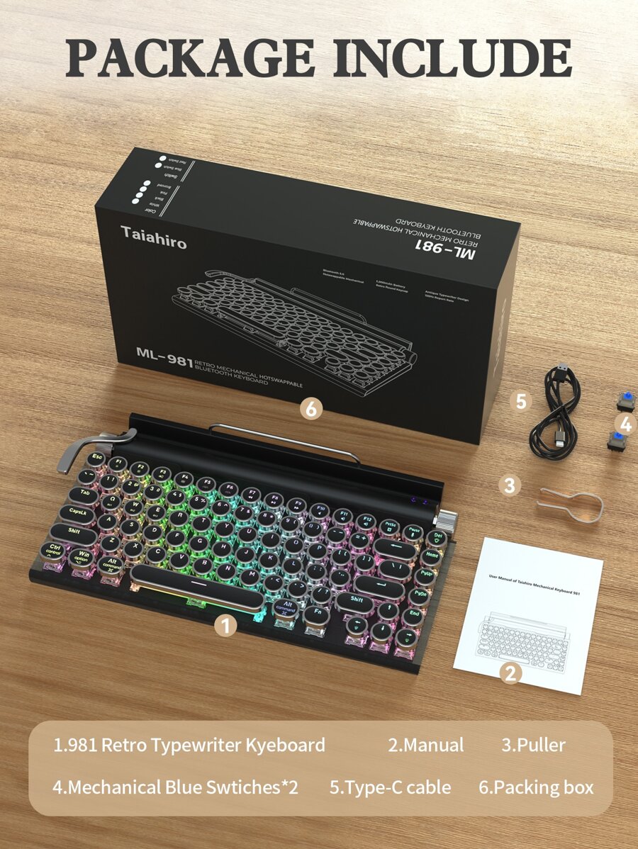 Mechanical Keyboard Wireless, Retro Typewriter Keyboard 83 Keys ...