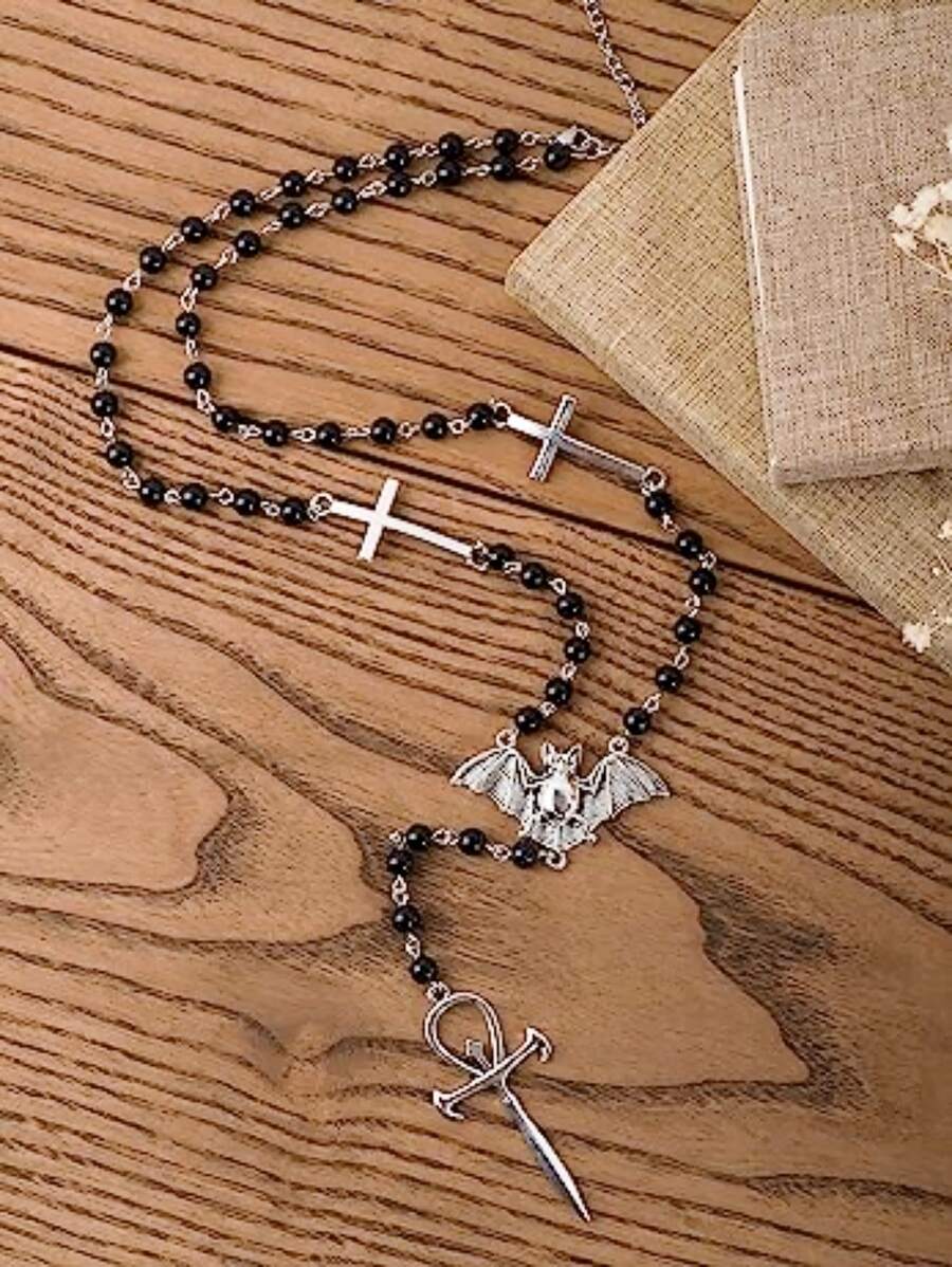 Gothic Bat & Pharaonic Cross Beaded Necklace | SHEIN USA