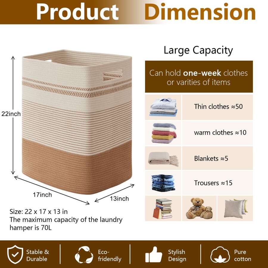 OIAHOMY Cotton Laundry Basket Woven Rope Laundry Hamper Storage Laundry ...