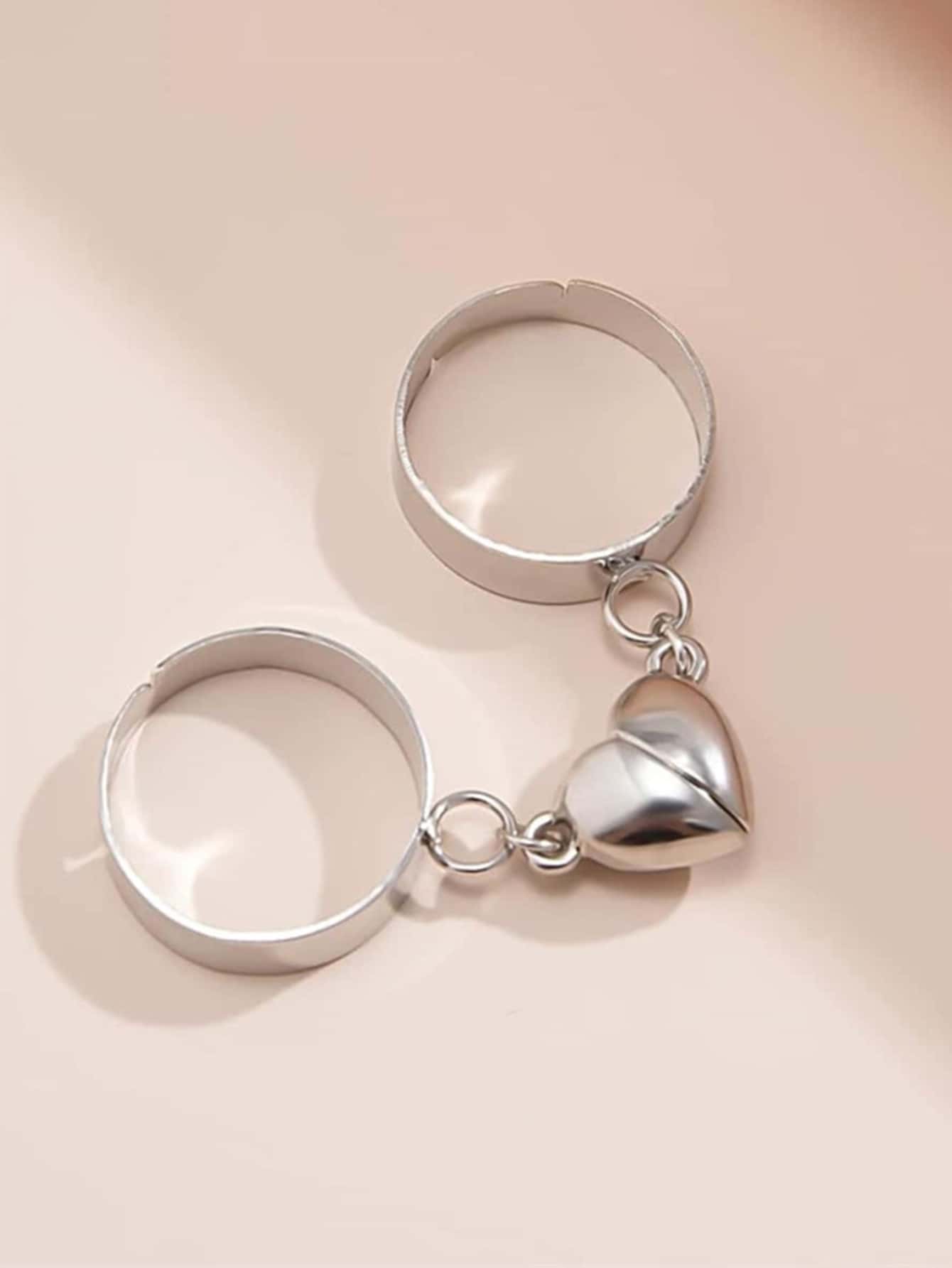Magnetic Love Heart Shape Adjustable Couples Ring Open Ended Vintage ...