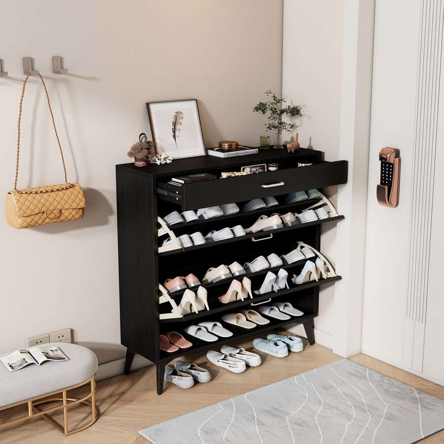 Shoe Cabinet with 2 Flip Drawers - Freestanding Shoe Storage Shelves ...