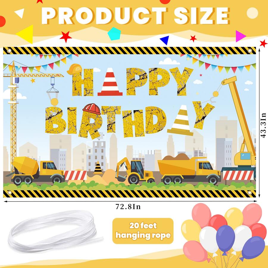 Construction Birthday Backdrop Banner Decorations Construction Happy ...