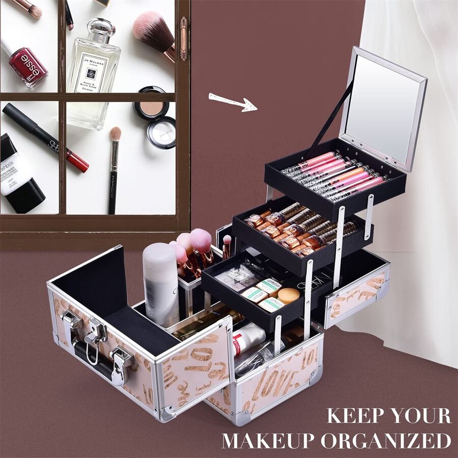 Makeup Train Case Makeup Box Organizer Lockable with 3 Trays Portable ...