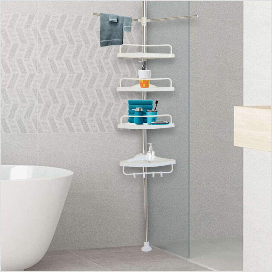 Bathroom Freestanding Portable 4 Tier Plastic Shower Corner Pole Rack ...