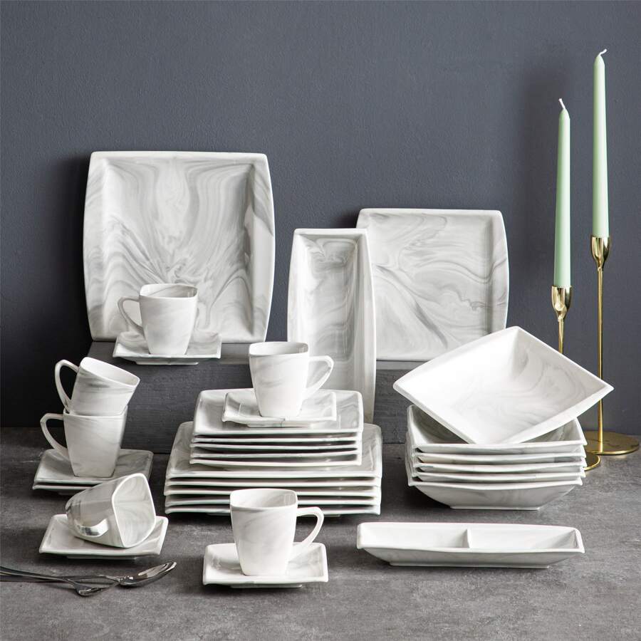 MALACASA Square Dinnerware Set, 32-Piece Marble Grey Dish Set for 6 ...